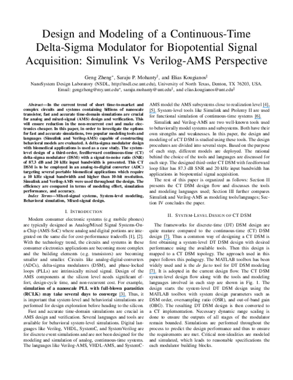 (PDF) Design and modeling of a continuous-time delta-sigma modulator ...
