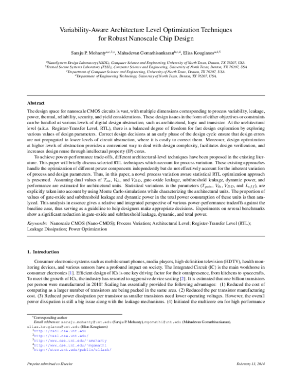 Pdf Variability Aware Architecture Level Optimization Techniques For Robust Nanoscale Chip