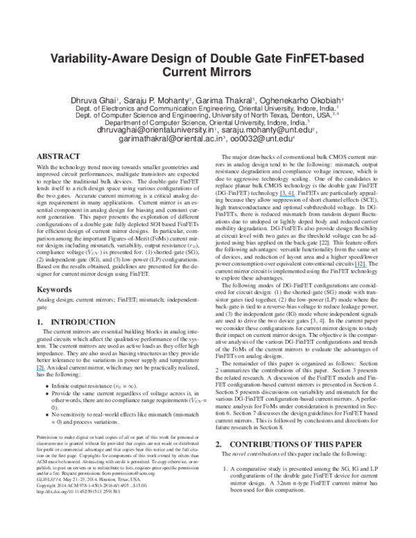 (PDF) Variability-aware design of double gate FinFET-based current mirrors