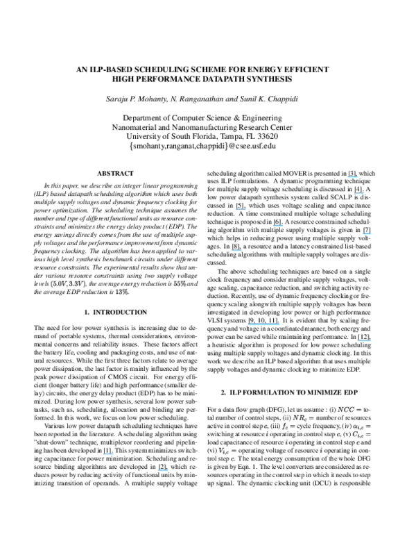 Pdf An Ilp Based Scheduling Scheme For Energy Efficient High Performance Datapath Synthesis