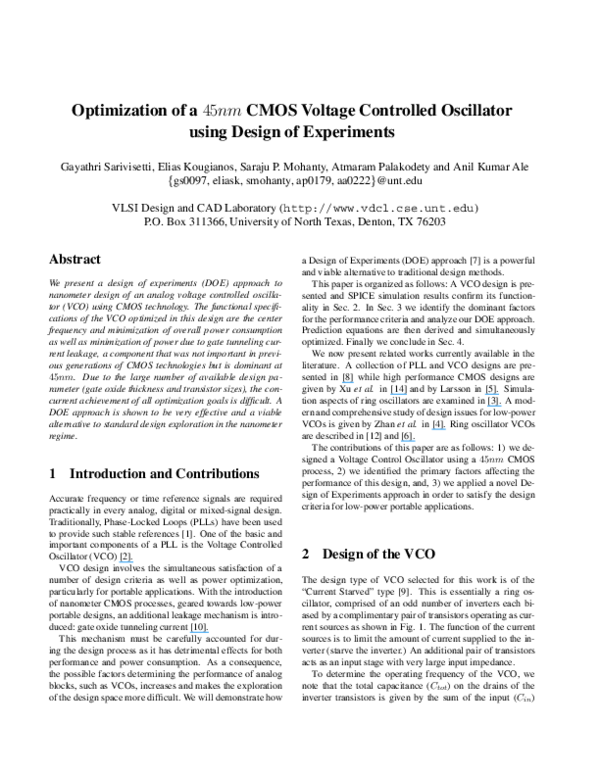 Pdf Optimization Of A 45nm Cmos Voltage Controlled Oscillator Using Design Of Experiments