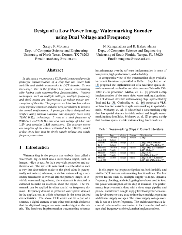 (PDF) Design of a low power image watermarking encoder using dual voltage and frequency