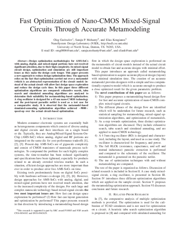 (PDF) Fast optimization of nano-CMOS mixed-signal circuits through accurate metamodeling