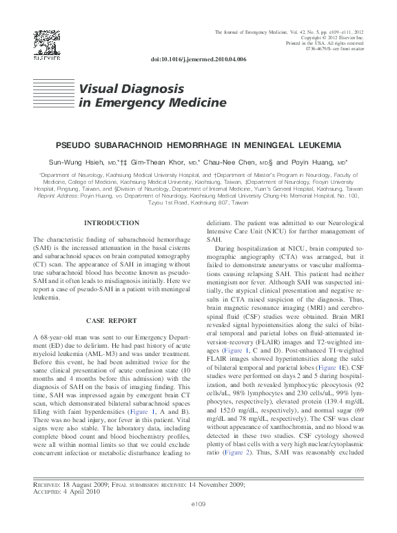 (PDF) Pseudo Subarachnoid Hemorrhage in Meningeal Leukemia