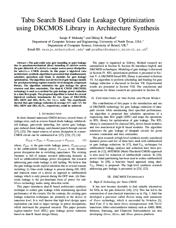 (PDF) Tabu Search Based Gate Leakage Optimization using DKCMOS Library in Architecture Synthesis
