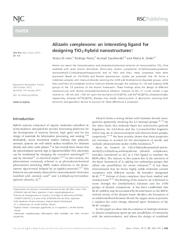 (PDF) Alizarin complexone: an interesting ligand for designing TiO2-hybrid nanostructures