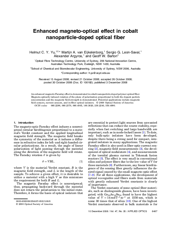 (PDF) Enhanced magneto-optical effect in cobalt nanoparticle-doped optical fiber
