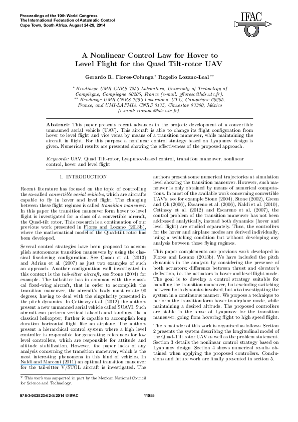 (PDF) A Nonlinear Control Law for Hover to Level Flight for the Quad Tilt-Rotor UAV