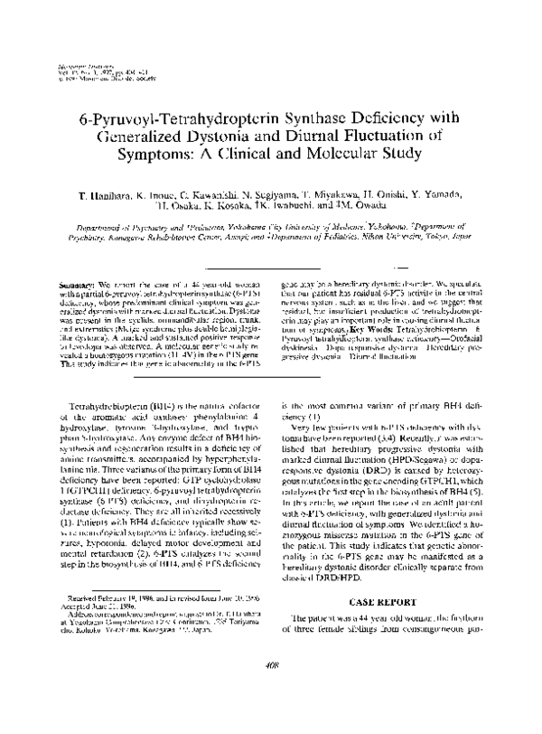 (PDF) 6-Pyruvoyl-tetrahydropterin synthase deficiency with generalized ...