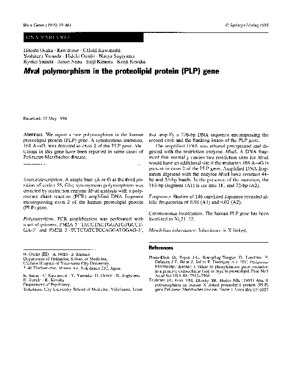 (PDF) Mval polymorphism in the proteolipid protein (PLP) gene