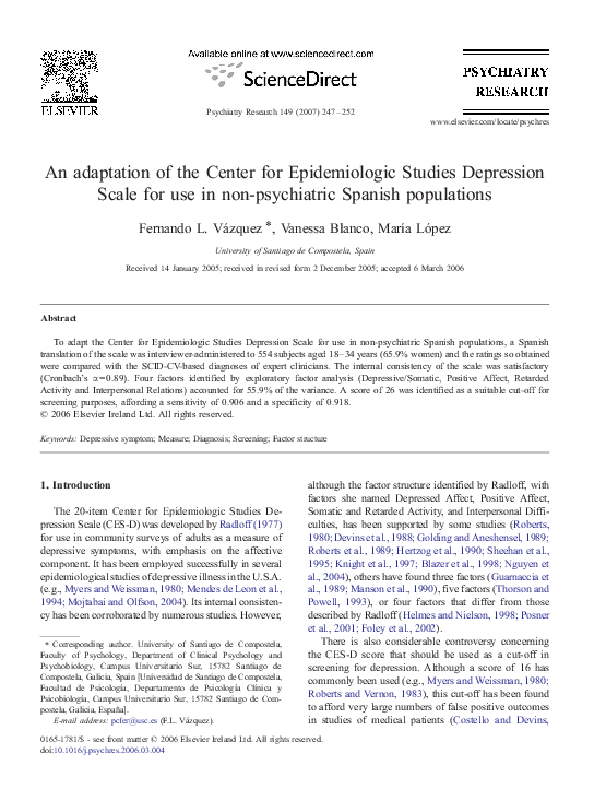 (PDF) An adaptation of the Center for Epidemiologic Studies Depression ...