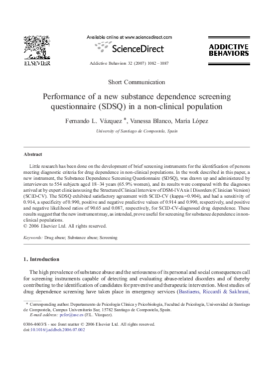 (PDF) Performance of a new substance dependence screening questionnaire ...