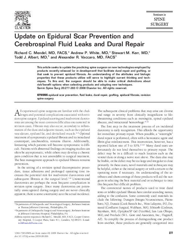 (PDF) Update on Epidural Scar Prevention and Cerebrospinal Fluid Leaks ...