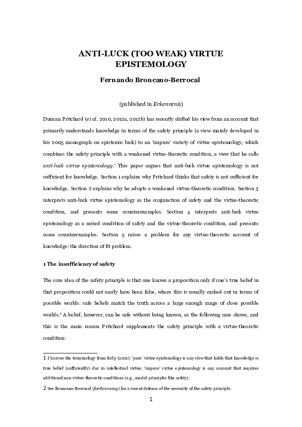 (PDF) Anti-Luck (Too Weak) Virtue Epistemology