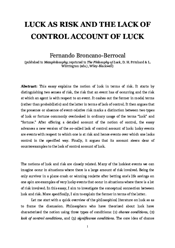 (PDF) Luck as Risk and the Lack of Control Account of Luck (reprinted)