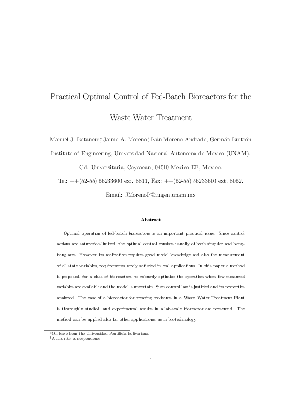 (PDF) Practical optimal control of fed-batch bioreactors for the waste water treatment