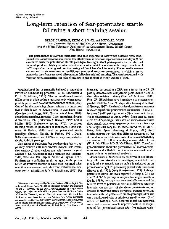 (PDF) Long-term retention of fear-potentiated startle following a short ...