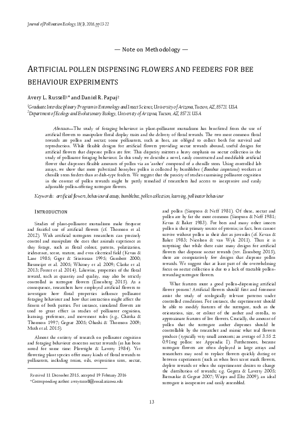 (PDF) Artificial pollen dispensing flowers and feeders for bee ...