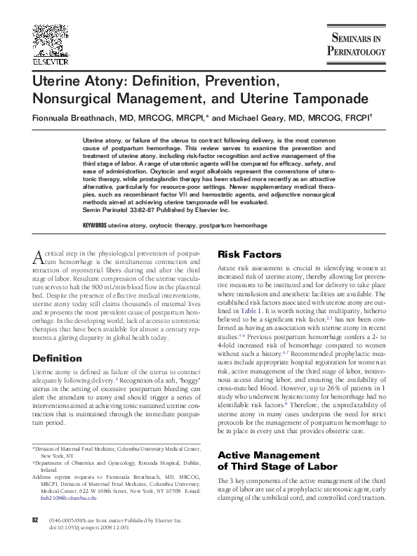 (PDF) Uterine Atony: Definition, Prevention, Nonsurgical Management ...