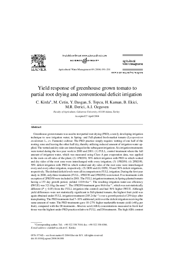 Pdf Yield Response Of Greenhouse Grown Tomato To Partial Root Drying