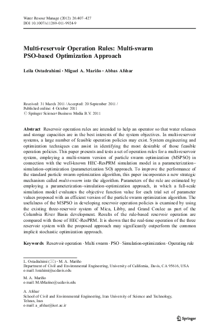Pdf Multi Reservoir Operation Rules Multi Swarm Pso Based Optimization Approach Leila