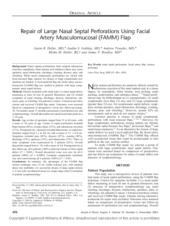 (PDF) Repair of large nasal septal perforations using facial artery ...