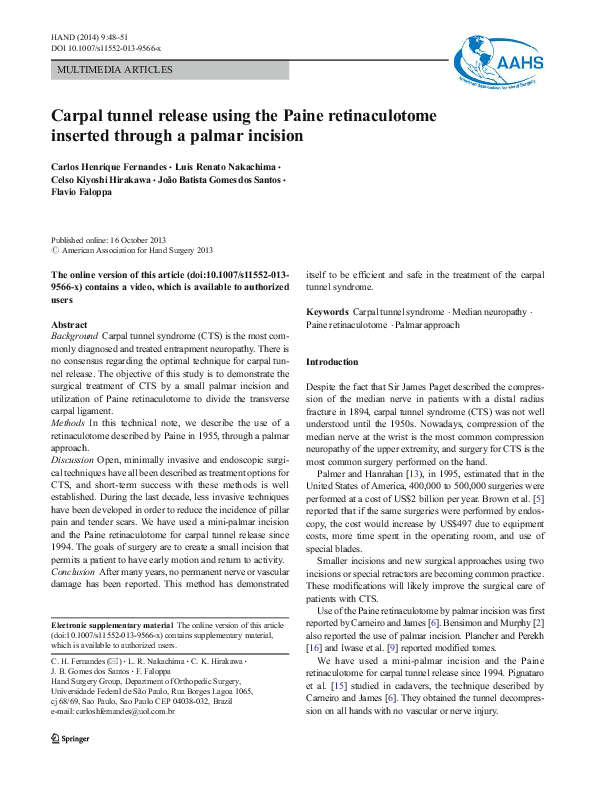 (PDF) Carpal tunnel release using the Paine retinaculotome inserted ...