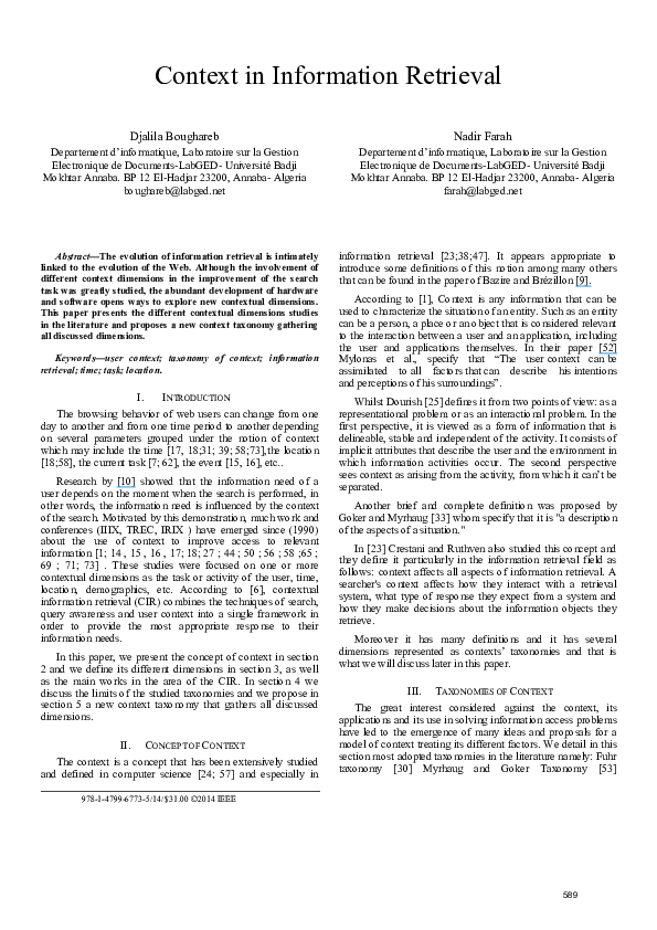 (PDF) Context in information retrieval