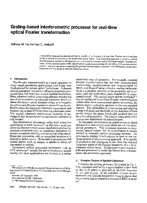 (PDF) Grating-based interferometric processor for real-time optical Fourier transformation