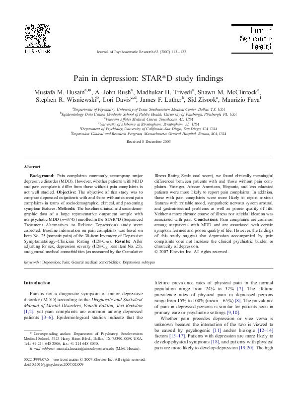 (PDF) Pain in depression: STAR*D study findings