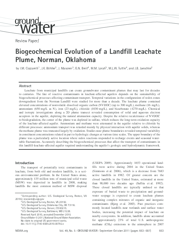(PDF) Biogeochemical Evolution of a Landfill Leachate Plume, Norman, Oklahoma