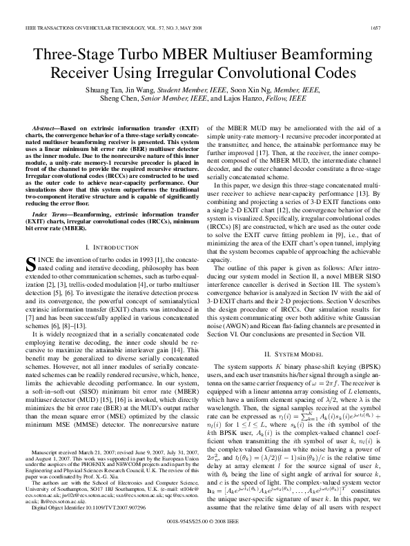 (PDF) Three-Stage Turbo MBER Multiuser Beamforming Receiver Using Irregular Convolutional Codes