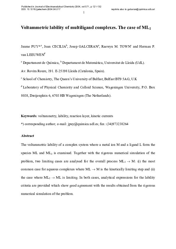 (PDF) Voltammetric lability of multiligand complexes: the case of ML2