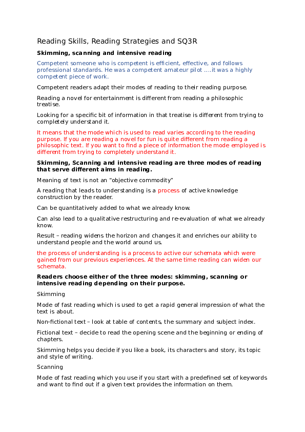 (DOC) Reading skills and reading strategies and SQ3R