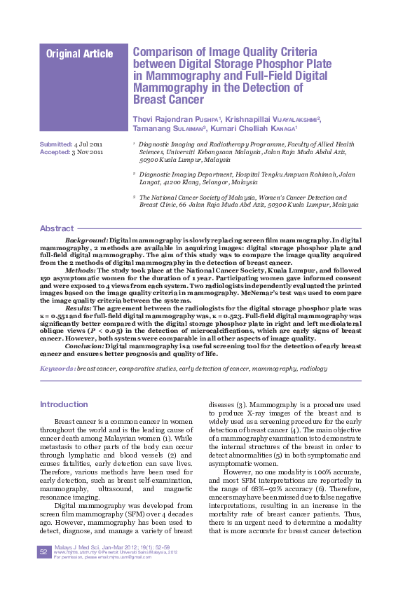 (PDF) Image Quality in Digital vs. Phosphor Mammography