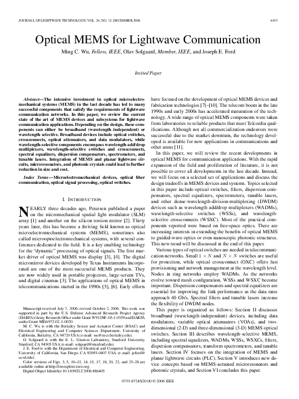 (PDF) Optical MEMS for Lightwave Communication