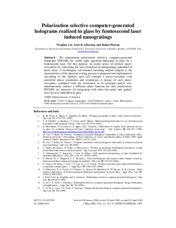 (PDF) Polarization-selective computer-generated holograms: design, fabrication, and applications