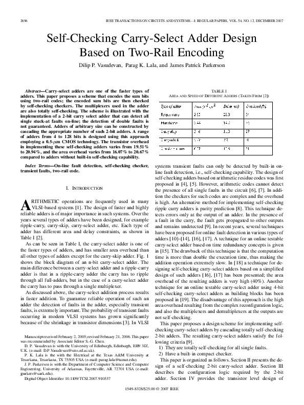 (PDF) Self-Checking Carry-Select Adder Design Based on Two-Rail Encoding