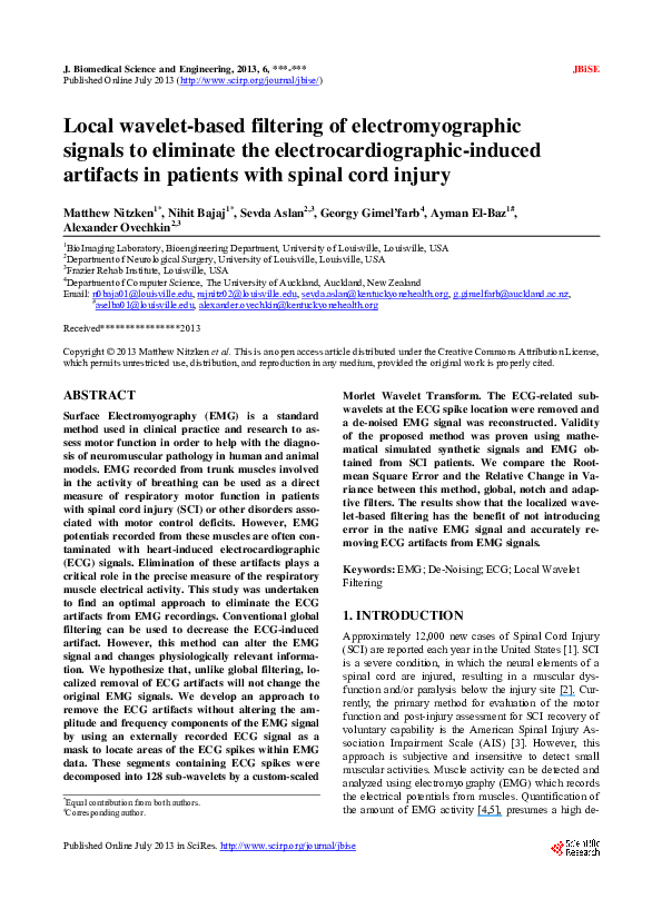 Pdf Local Wavelet Based Filtering Of Electromyographic Signals To Eliminate The