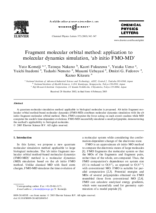 (PDF) Fragment molecular orbital method: application to molecular dynamics simulation, ‘ab ...