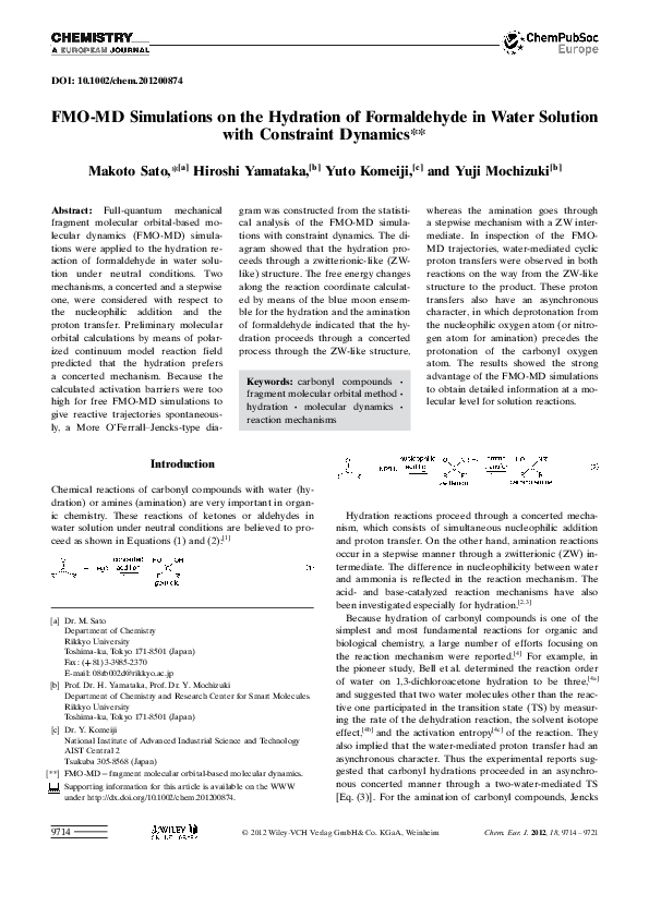 (PDF) FMO-MD Simulations on the Hydration of Formaldehyde in Water ...