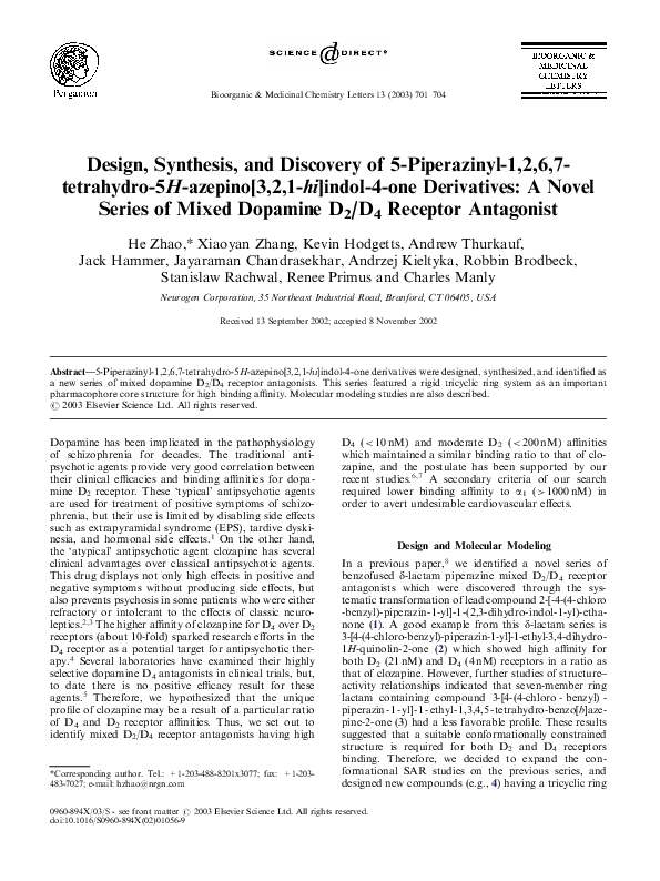 (PDF) Design, synthesis, and discovery of 5-piperazinyl-1,2,6,7-tetrahydro-5H-azepino[3,2,1-hi ...