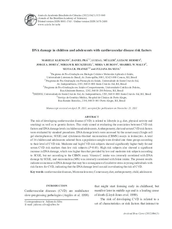 (PDF) DNA damage in children and adolescents with cardiovascular disease risk factors | Liziane ...