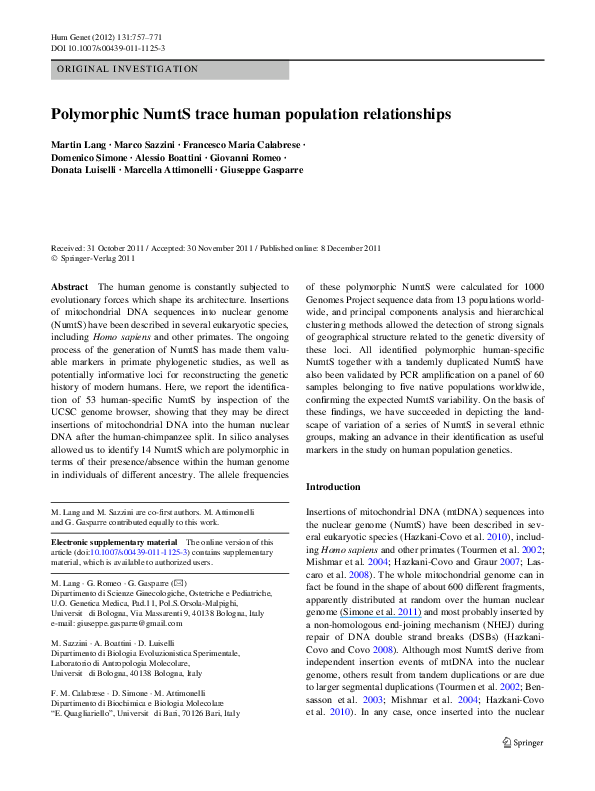 (PDF) Polymorphic NumtS trace human population relationships