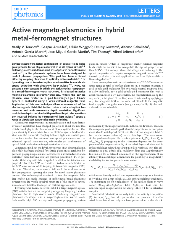 (PDF) Active magneto-plasmonics in hybrid metal–ferromagnet structures