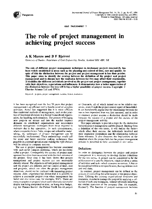 (PDF) The role of project management in achieving project success