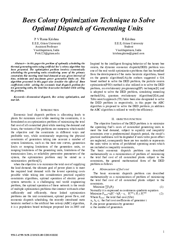 (PDF) Bees Colony Optimization Technique to Solve Optimal Dispatch of ...