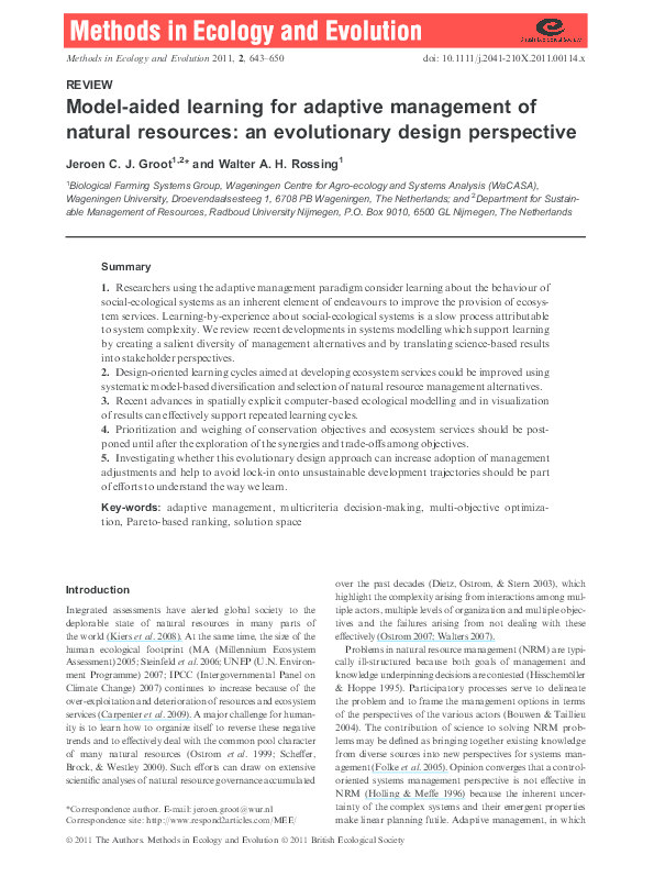(PDF) Model-aided learning for adaptive management of natural resources ...