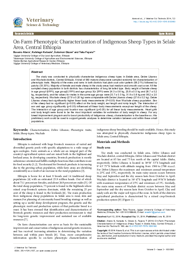 (PDF) On-Farm Phenotypic Characterization of Indigenous Sheep Types in Selale Area, Central Ethiopia