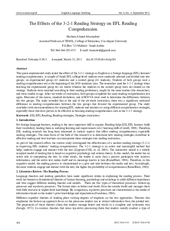 (PDF) The Effects of the 3-2-1 Reading Strategy on EFL Reading ...